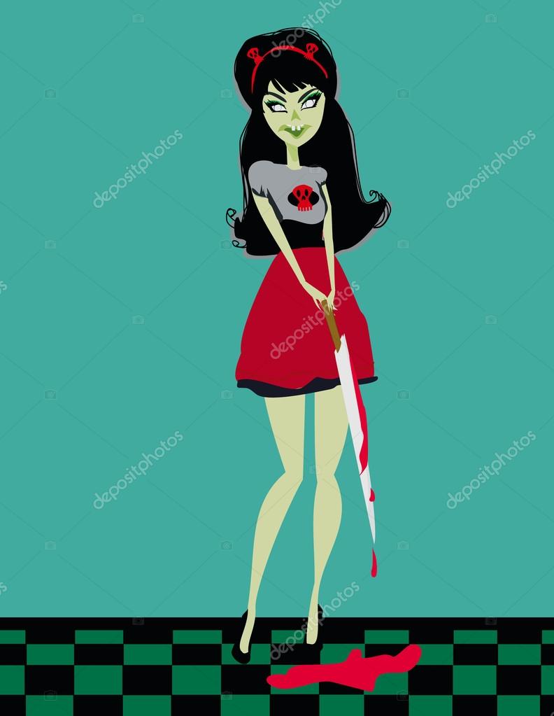 Linda Chica Malvada Con Un Cuchillo Sangriento Vector Gráfico