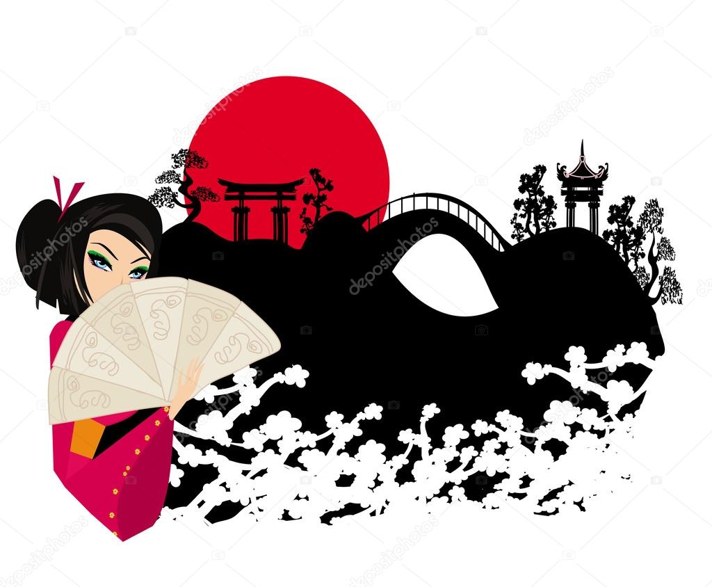 Attractive Asian Woman Holding Traditional Fan — Stock Vector