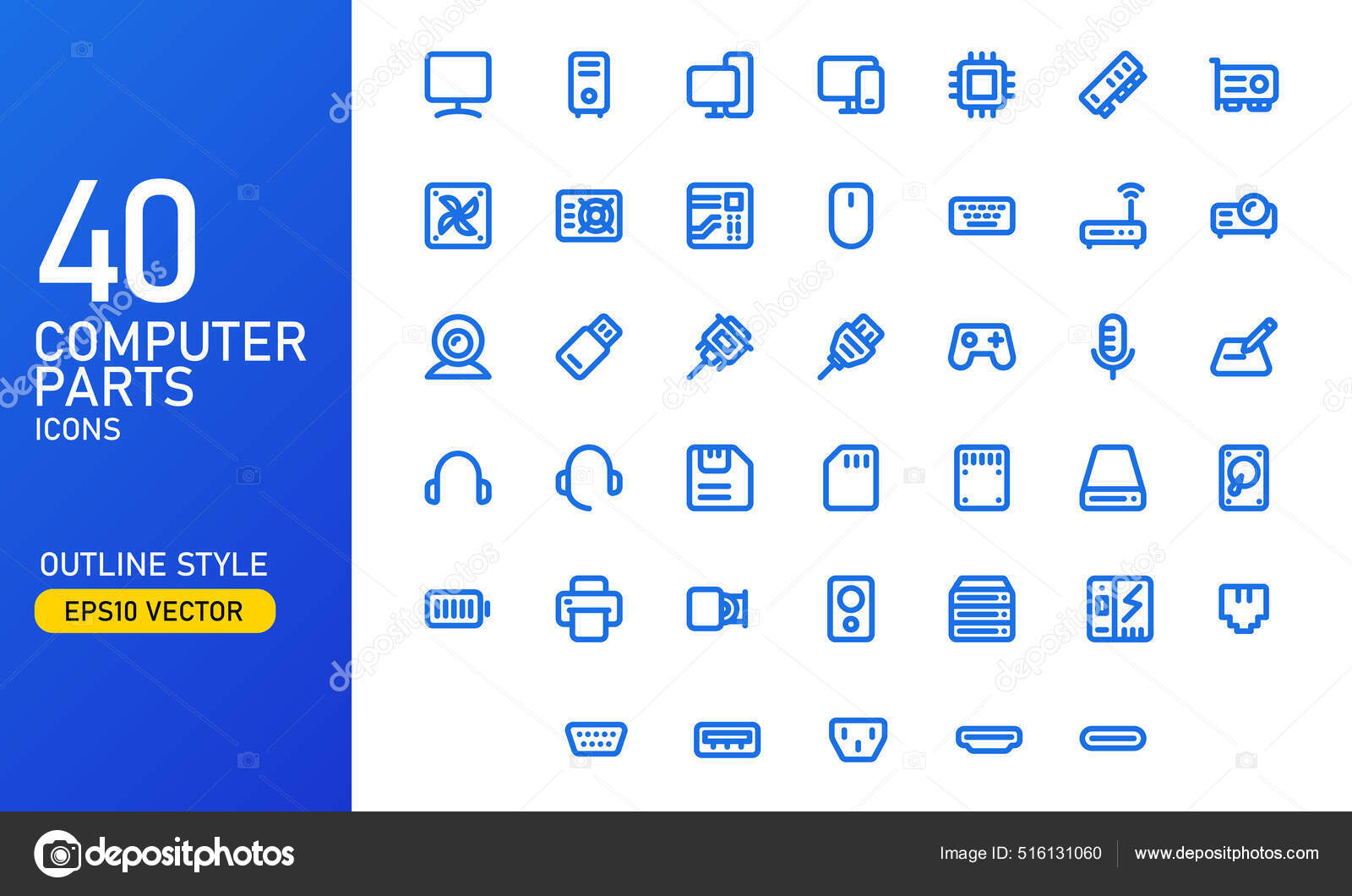 Computer Parts Components Icon Set Computer Hardware Outlined Icon Collection Stock Vector by ...