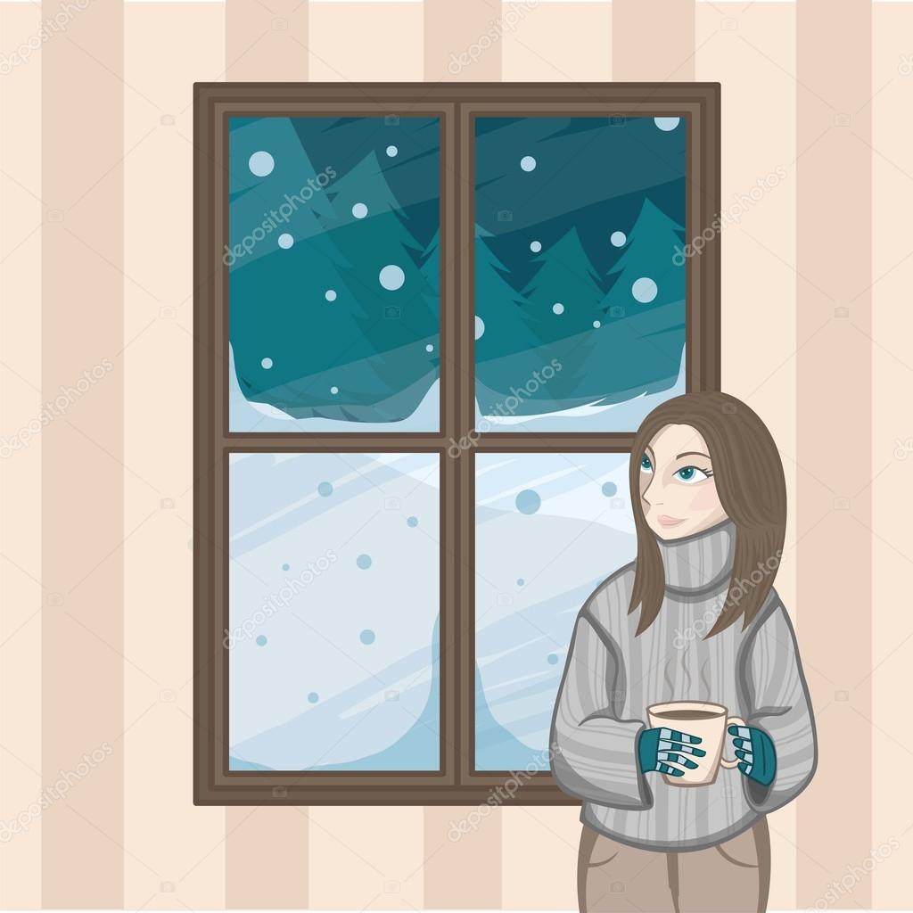 Xmas girl starring at through the window looking at the snow falling ...