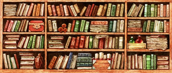 An old library painted in watercolor. Antique bookcase. Wooden shelves ...
