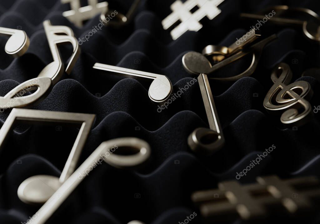 Un concepto que muestra una secci n de espuma de sonido gris con s mbolos de m sica dorada y ...