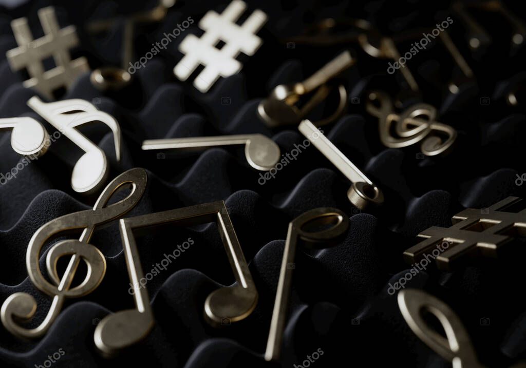 Un concepto que muestra una secci n de espuma de sonido gris con s mbolos de m sica dorada y ...