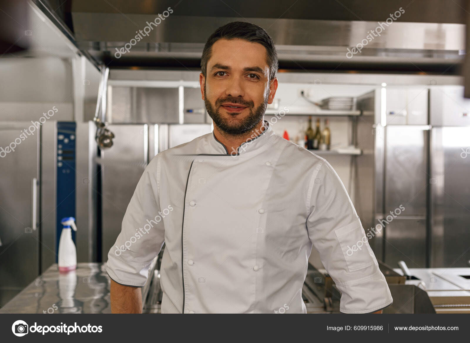 Portrait Handsome Male Chef Uniform Standing Kitchen Restaurant High ...