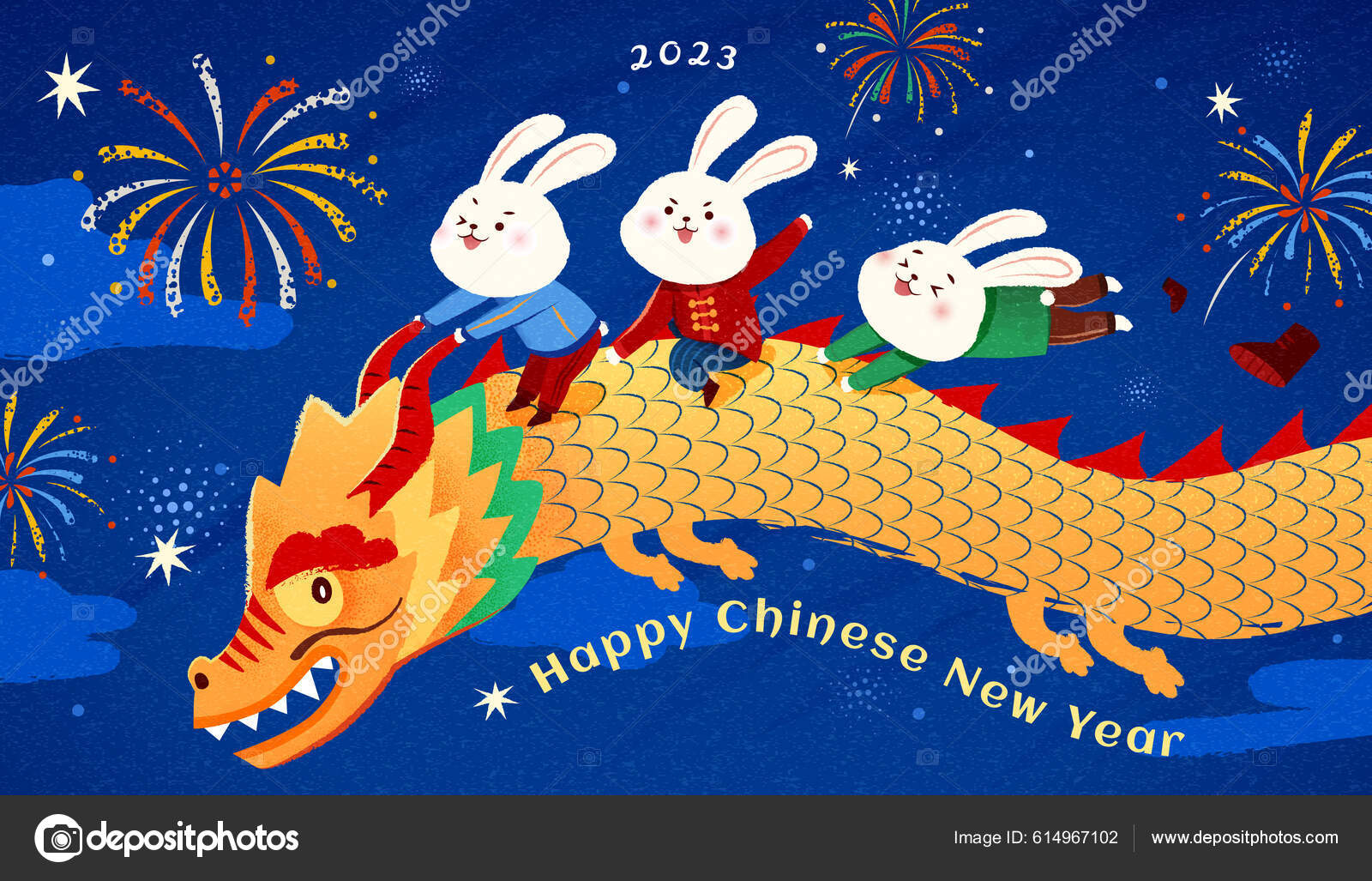 Three Rabbits Riding Dragon Flying Blue Sky Fireworks Concept ...