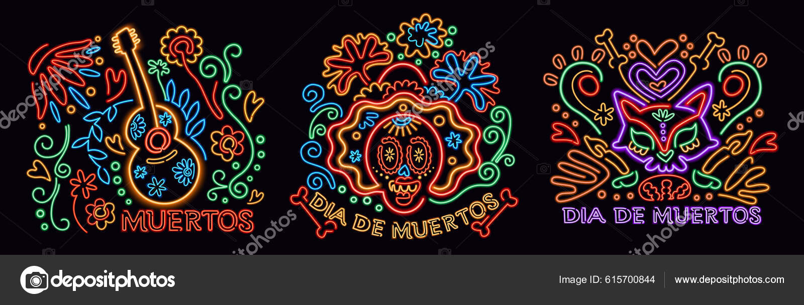 Day Dead Signs Neon Light Style Line Art Drawing Includes Stock Vector ...