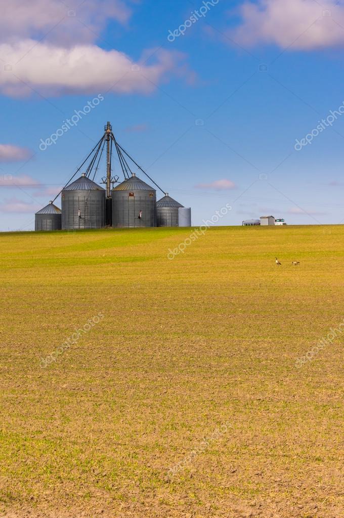 Grain storage silos in a farm field Stock Photo by ©zigzagmtart 47105059