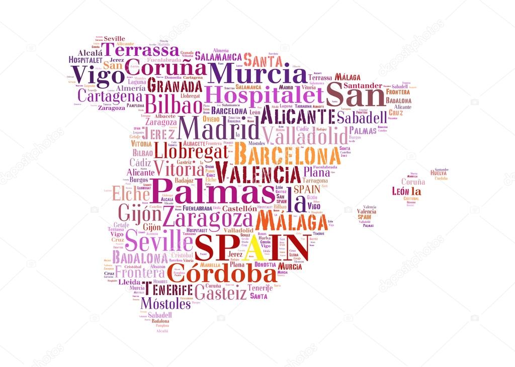 Spain map and words cloud with larger cities — Stock Photo ...