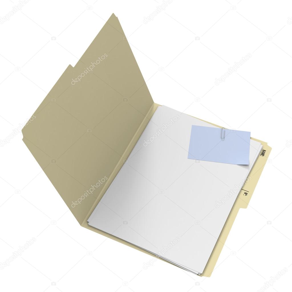 Open manila folder with white paper and post it note — Stock Photo ...