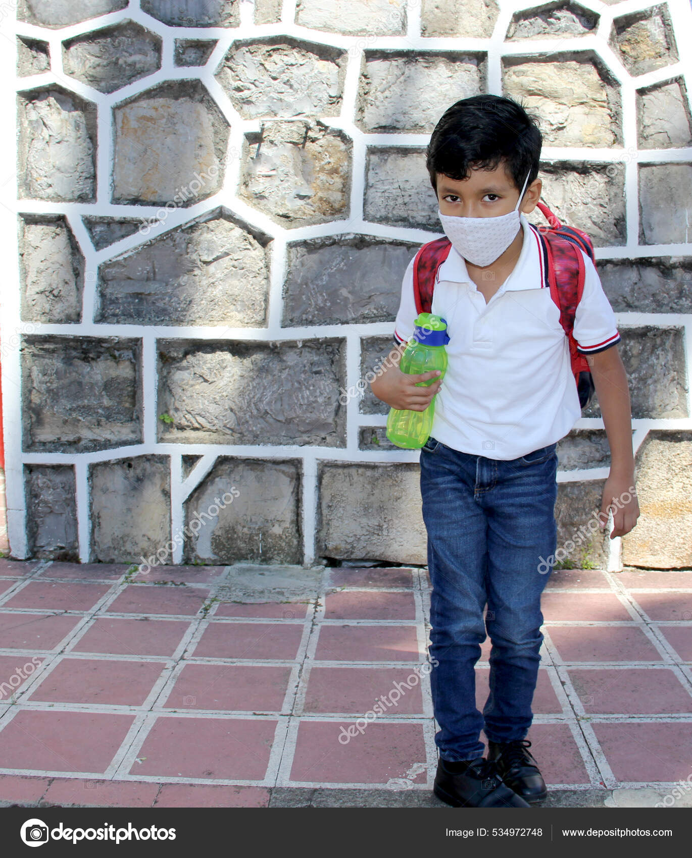 Latino Boy Uniform Shirt Mask Backpack Notebook Bottle Water Back Stock ...