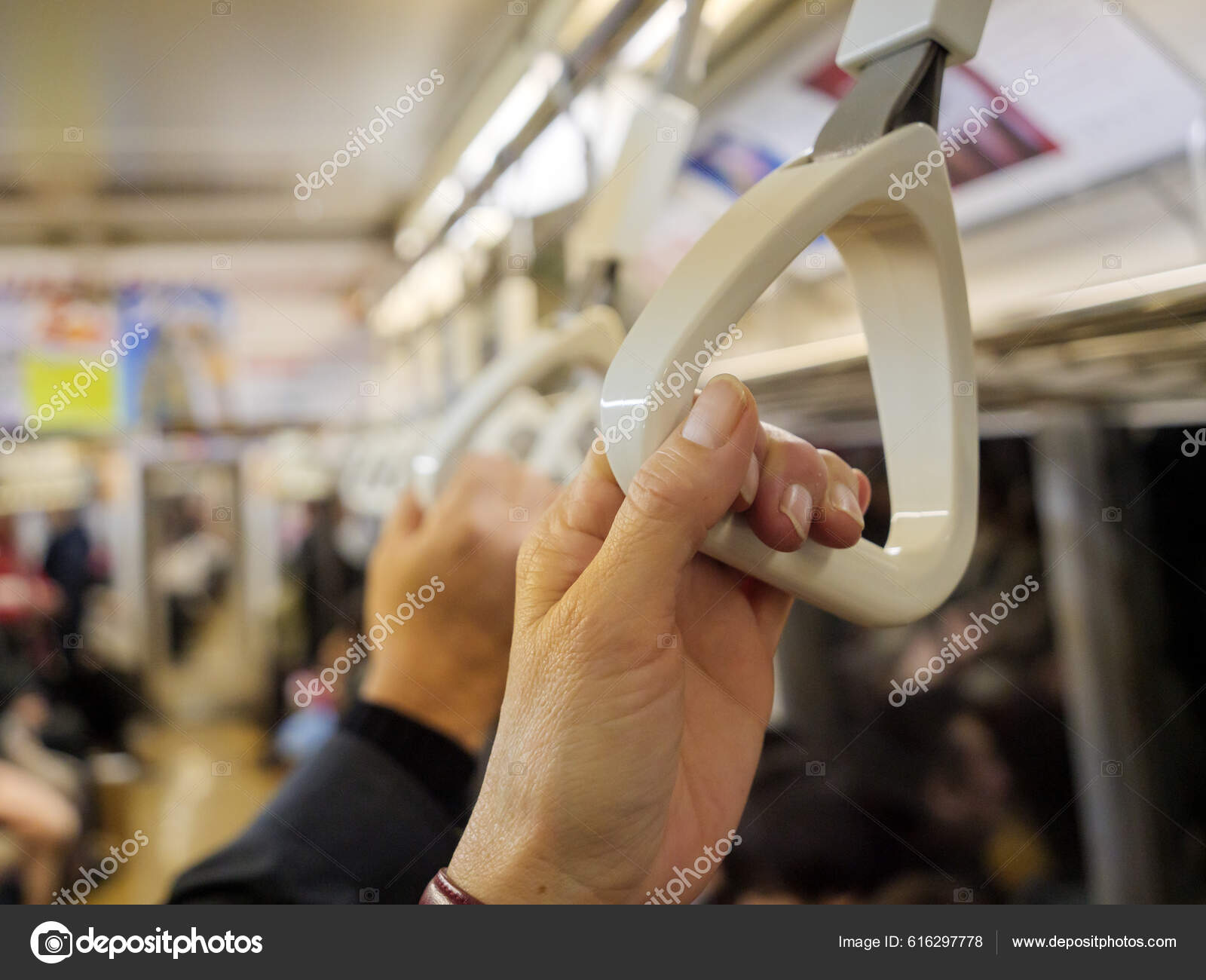 Hands Holding Handles Support Themselves While Standing Busy Subway ...