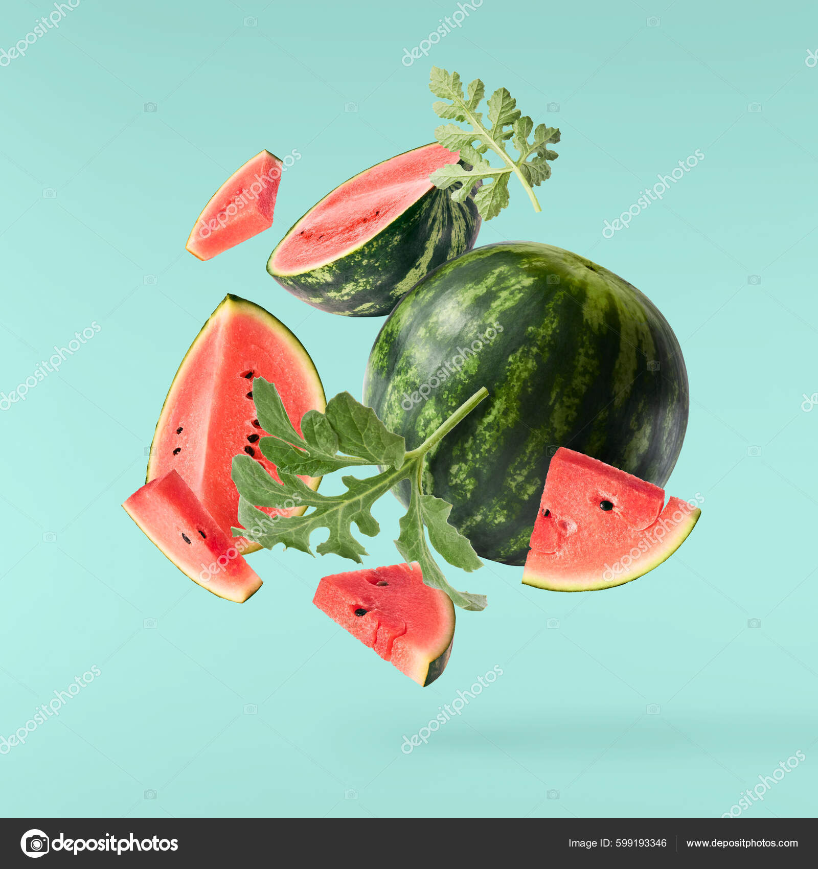 Fresh Raw Watermelon Falling Air Isolated Turquoise Background Food ...