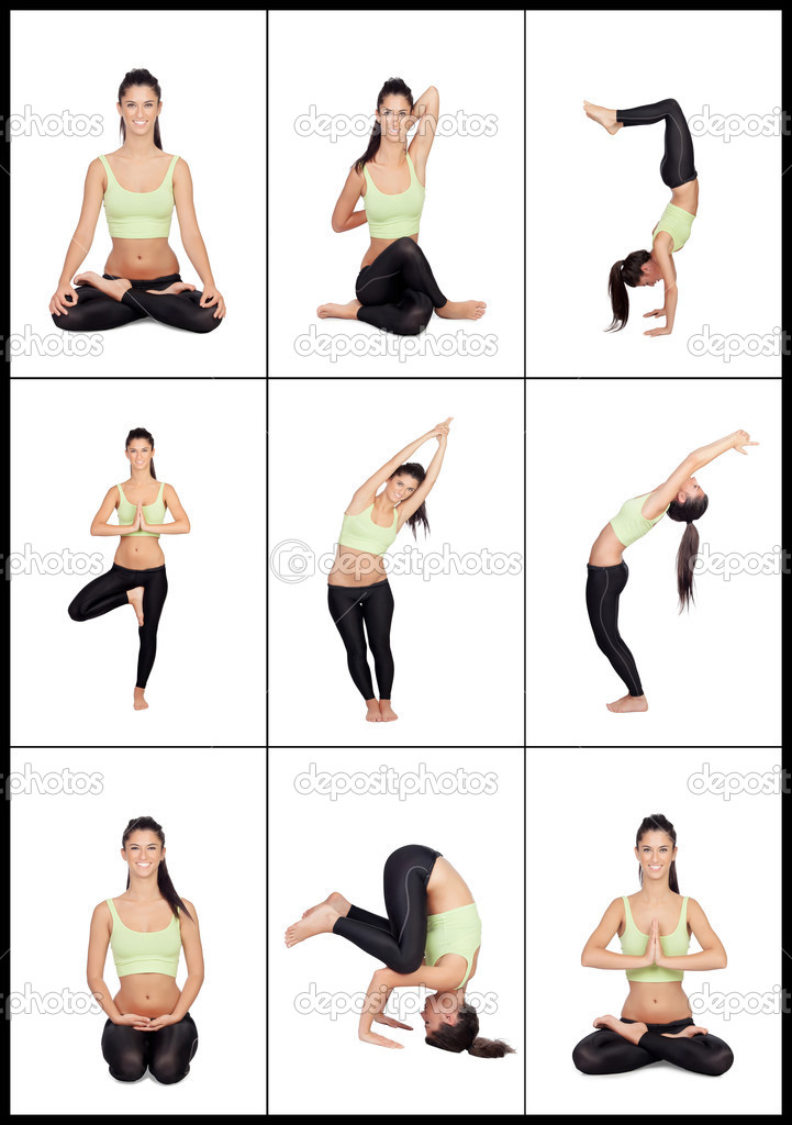 Young woman in a collage with various stretching postures Stock Photo ...