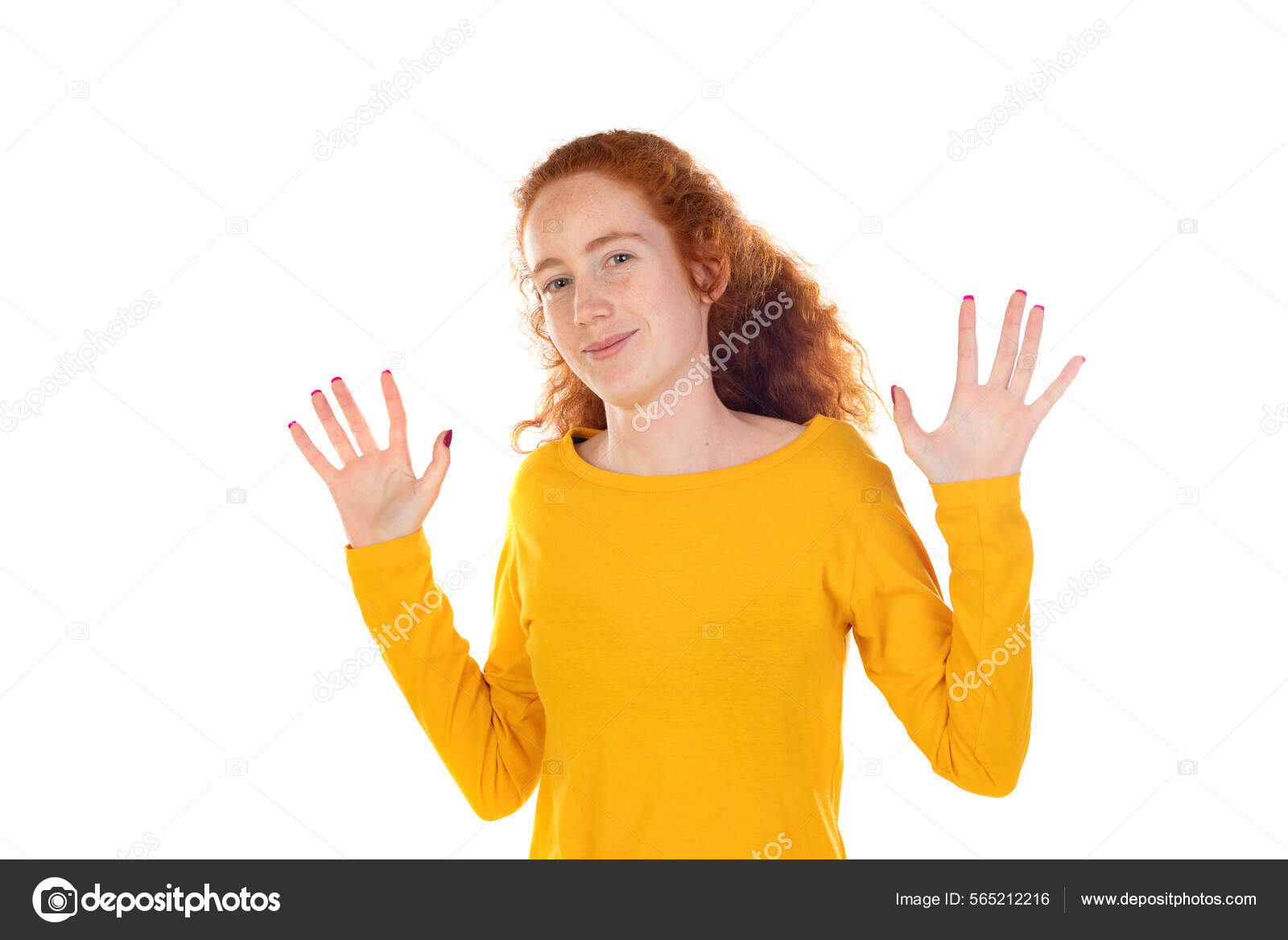 Shocked Inssecure Redhead Woman Raise Hands Surrender Innocent Isolated ...