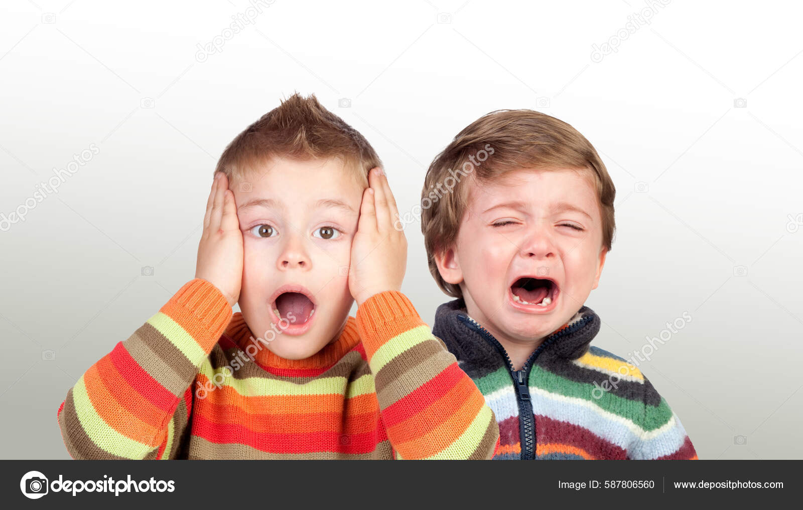 Two Funny Small Brothers Showing Emotions Isolated White Background ...