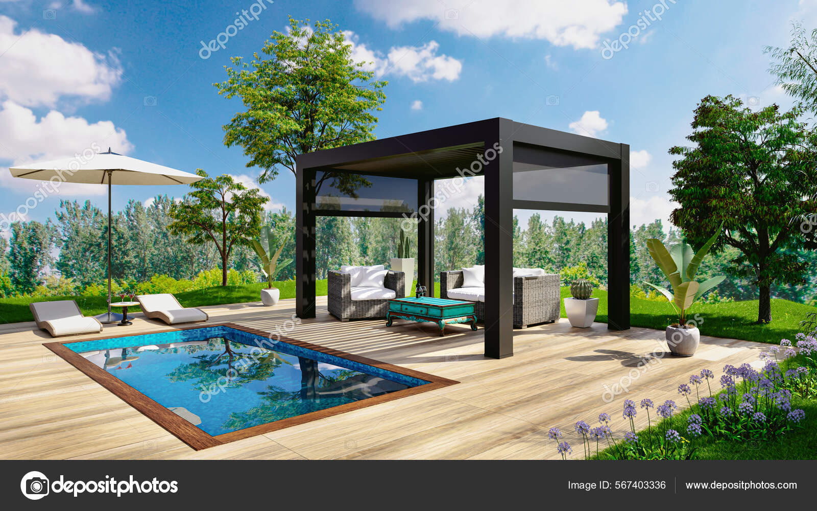 Render Luxury Side View Outdoor Garden Teak Wooden Deck Black — Stock ...