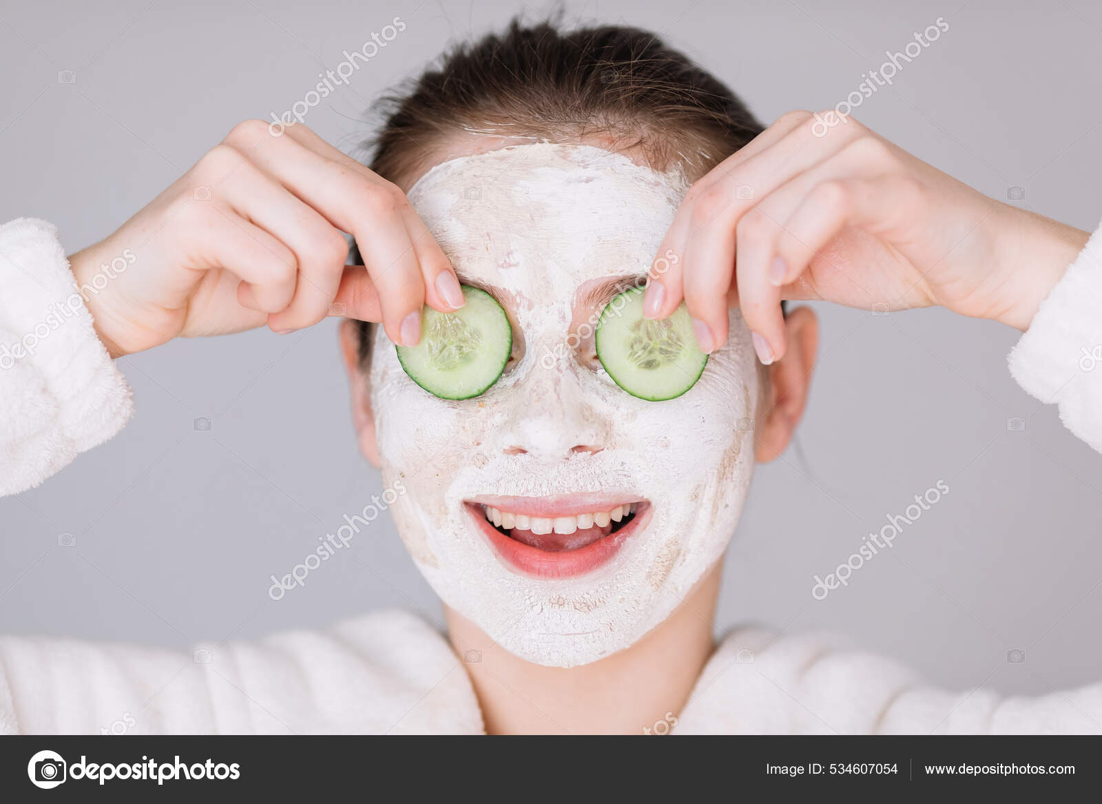 Beautiful Young Positive Woman Clay Mask Face Covering Eyes Slices — Stock Photo © ivankyryk ...