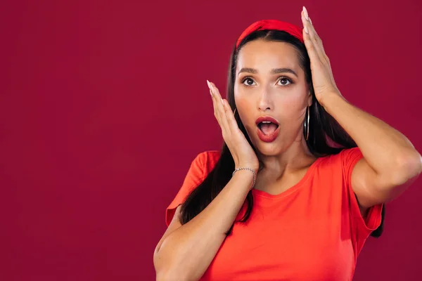 Young emotional surprised woman standing with open mouth. Human ...