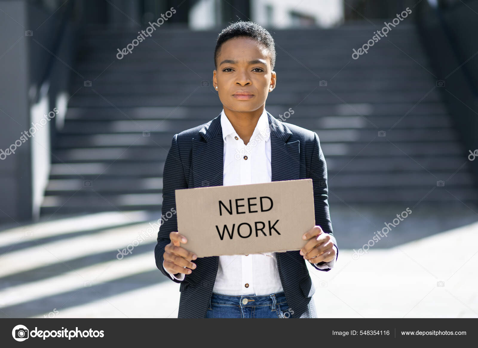 Woman Holding Need Work Sign Girl Standing Outdoors Holding Poster ...