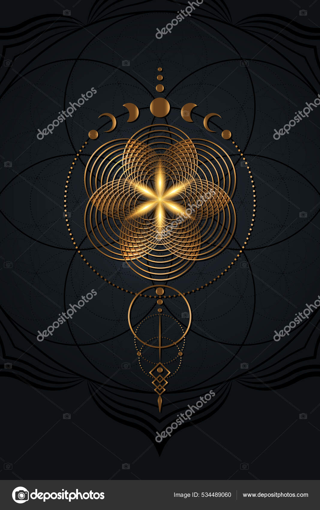 Mystical Flower Life Moon Phases Sacred Geometry Gold Seed Life Stock ...