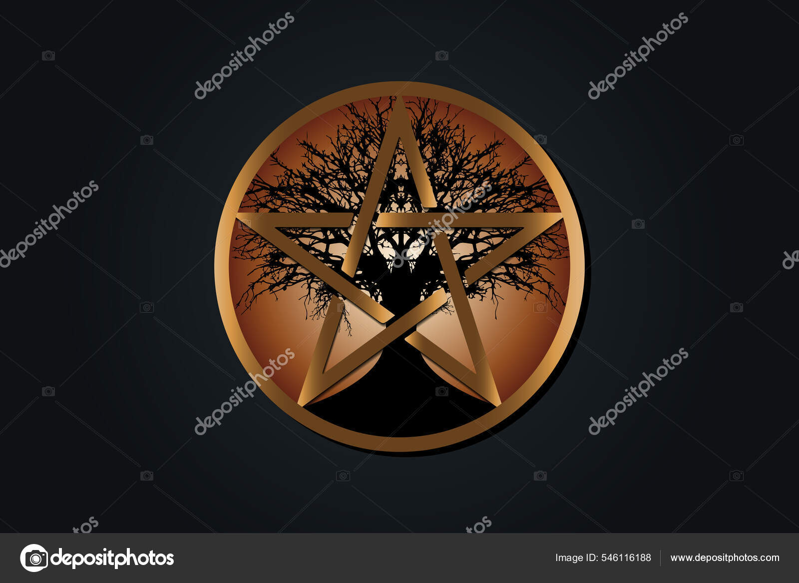 Tree Pentacle Tree Life Wicca Pentagram Sacred Geometry Gold Logo Stock ...