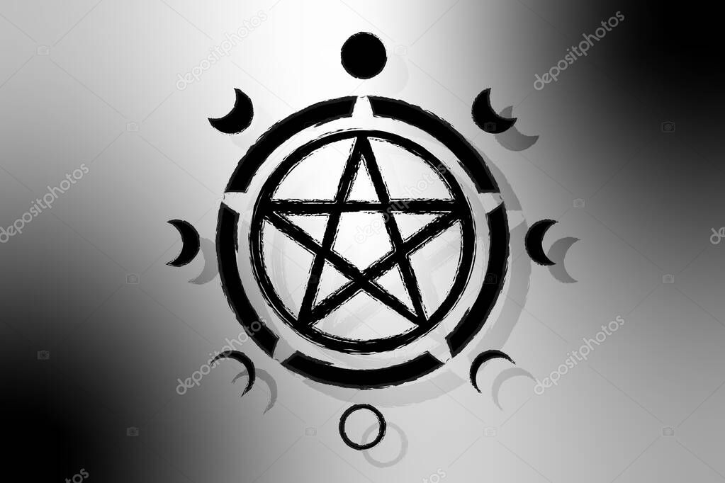 Símbolo del círculo del Pentáculo y Fases de la Luna. Símbolo wiccano ...