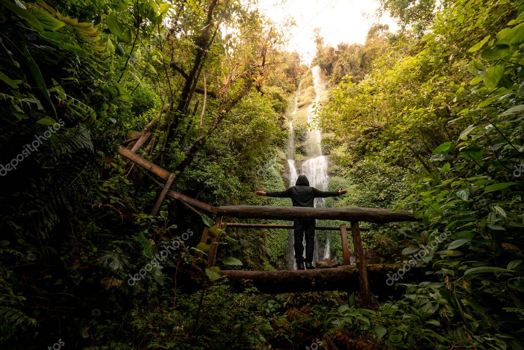 Paisaje en cascada con brazos abiertos en un puente de madera en la ...