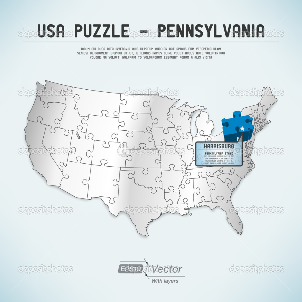 USA map puzzle - One state-one puzzle piece - Pennsylvania, Harrisburg ...
