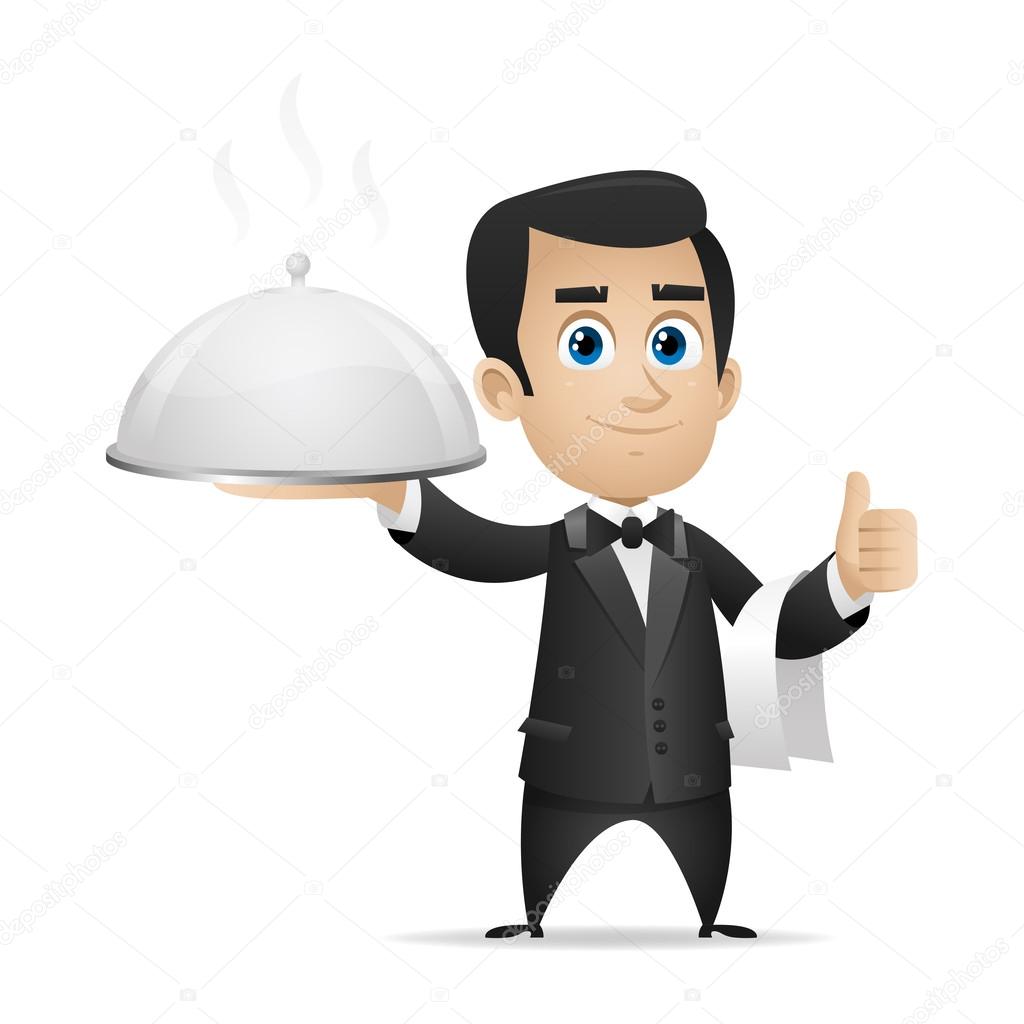 mesero sostiene la bandeja y mostrando los pulgares — Archivo Imágenes ...