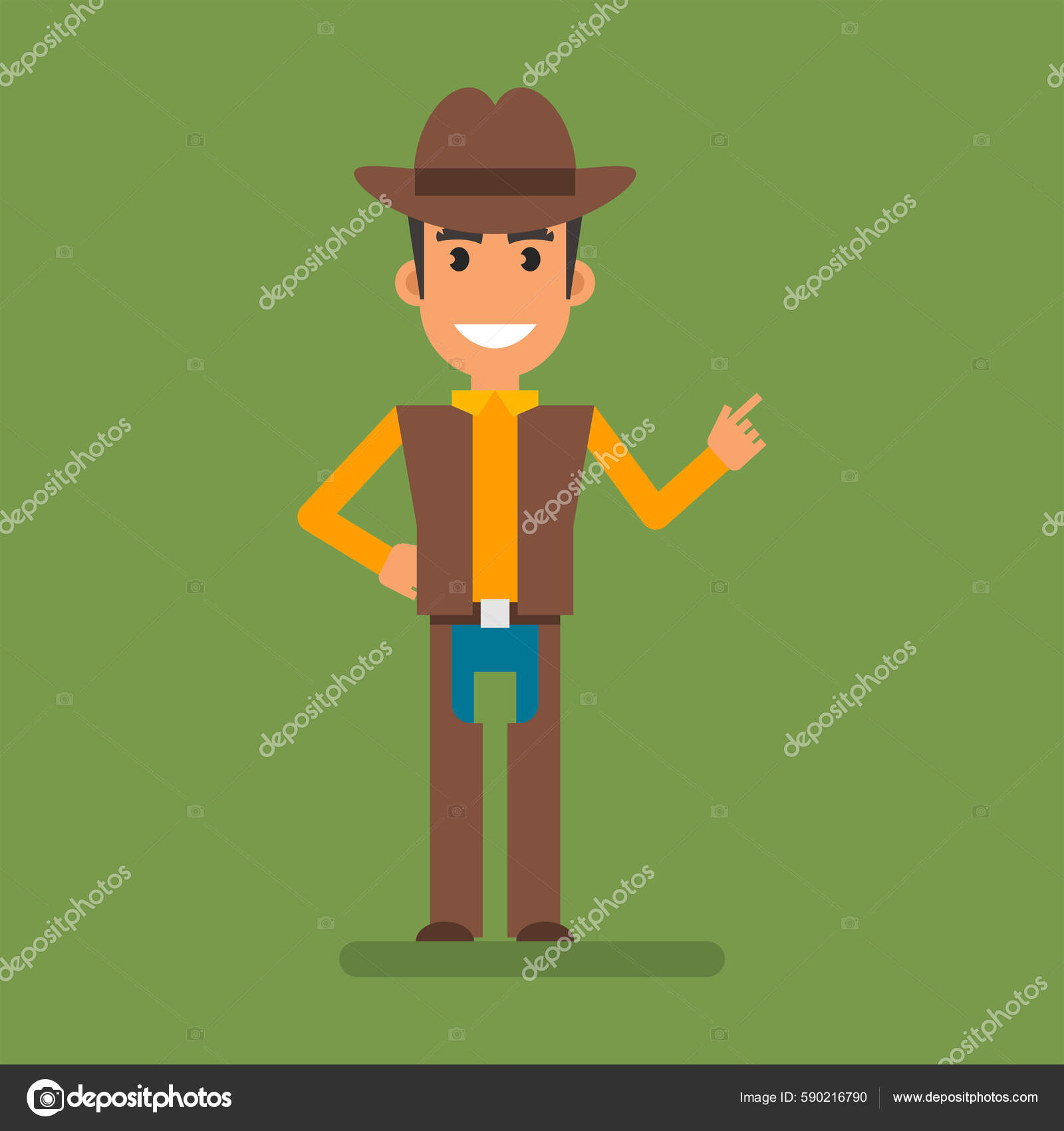 Cowboy Pointing Finger Smiling Flat People Vector Illustration Vector ...