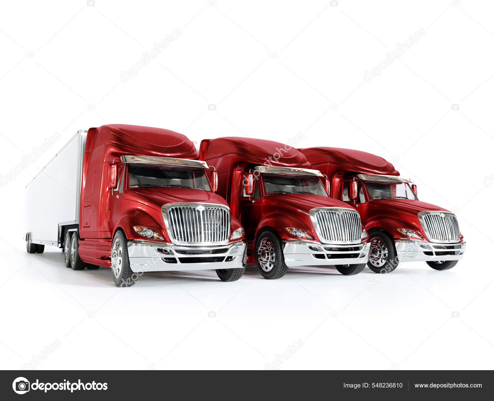 Representación Tres Camiones Grandes Nariz Larga Estacionados Uno Lado ...