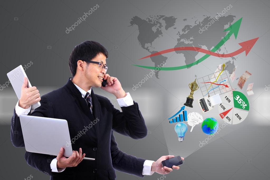 Smart businessman on busy with use many hand hold Electronic com ...