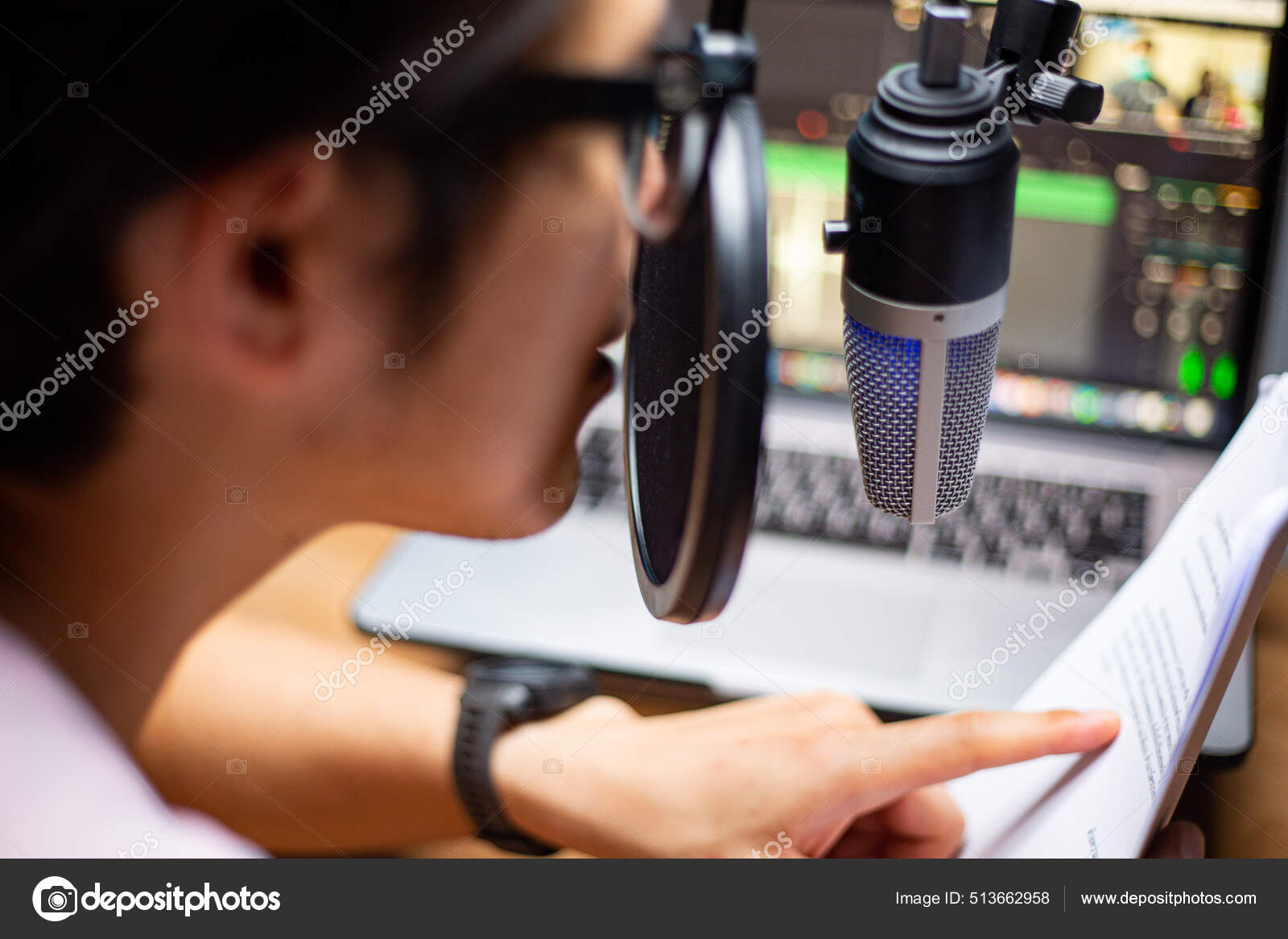 Asian Influencers Using Microphone Podcasts Record Sound Upload File ...