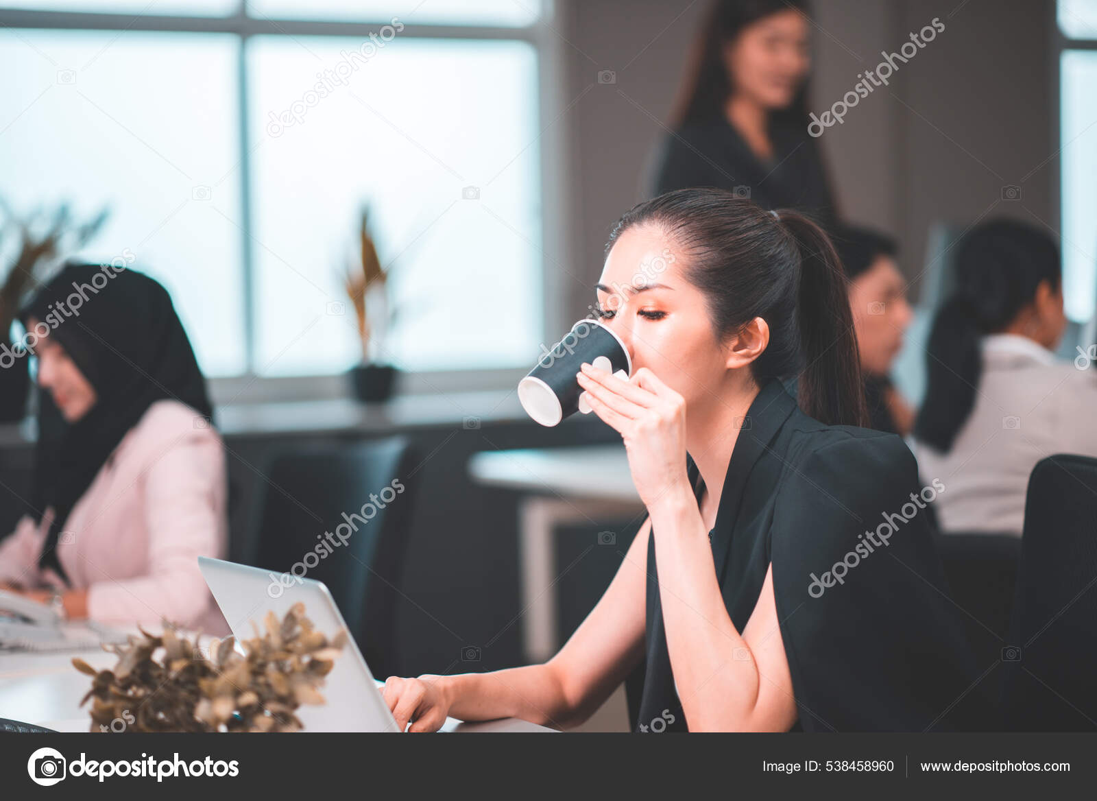 Beautiful Asian Women Drinking Coffee Working Modern Office — Stock Photo © GBALLGIGGSPHOTO ...