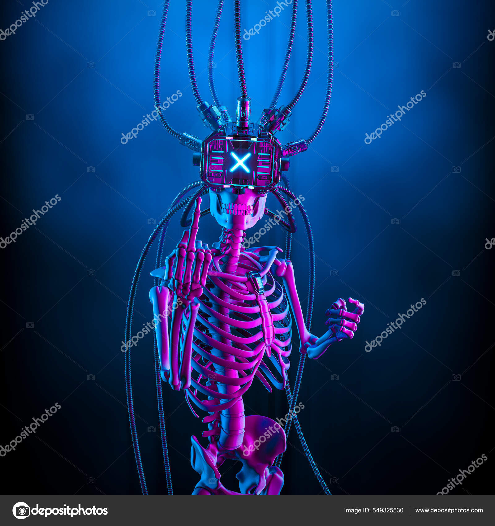 Cyberpunk Skeleton Middle Finger Illustration Science Fiction Praying ...