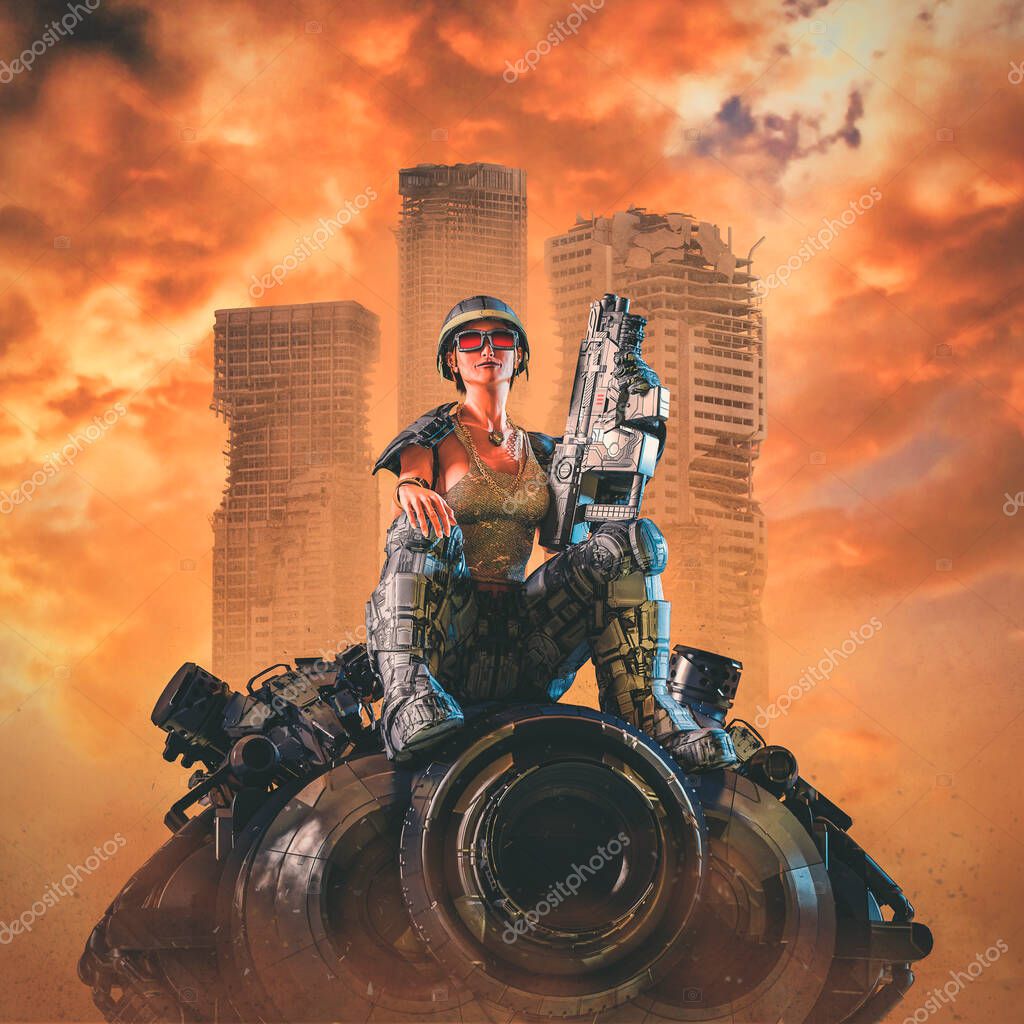 Soldado Cyberpunk chica guerra del desierto - Ilustración 3D de ciencia ficción militar guerrera ...