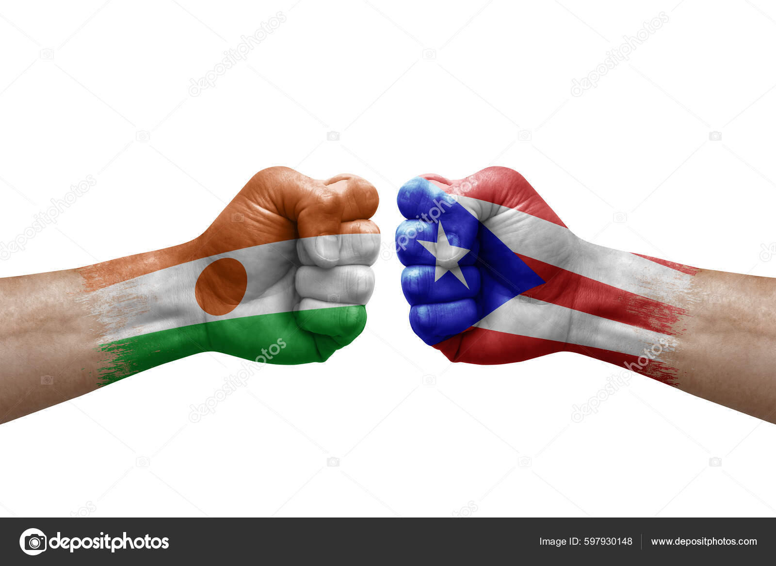 Two Hands Punch Each Others White Background Country Flags Painted ...