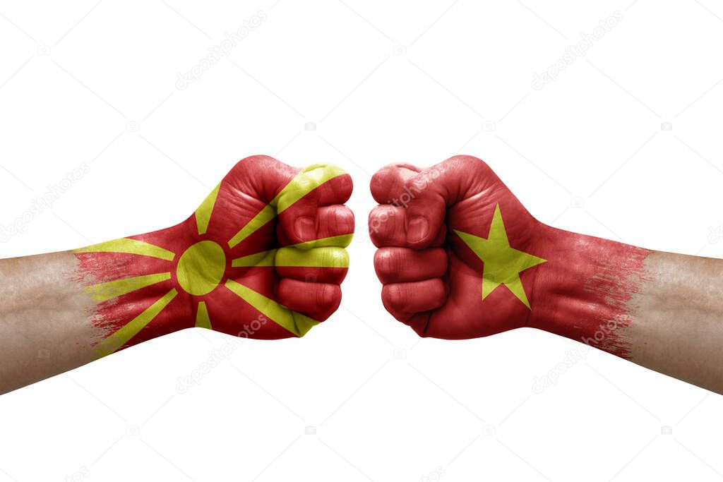 Two hands punch to each others on white background. Country flags ...