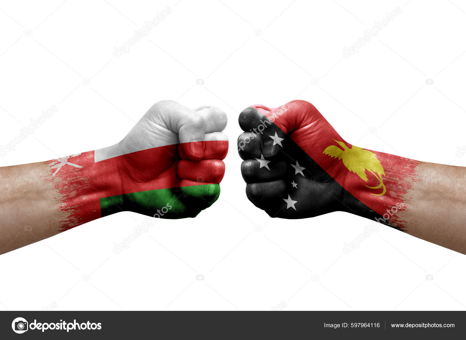 Two Hands Punch Each Others White Background Country Flags Painted ...
