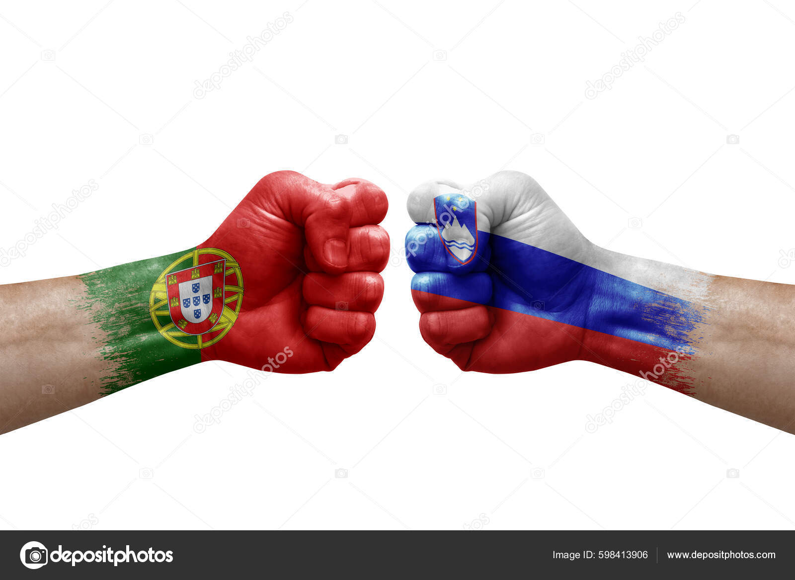 Two Hands Punch Each Others White Background Country Flags Painted ...