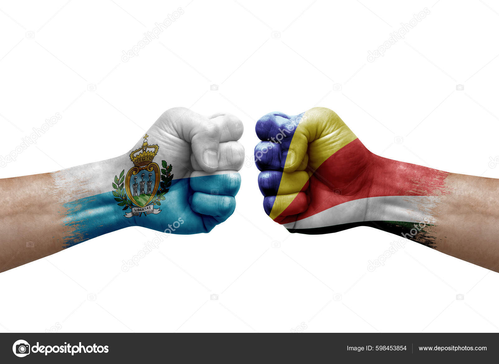 Two Hands Punch Each Others White Background Country Flags Painted ...