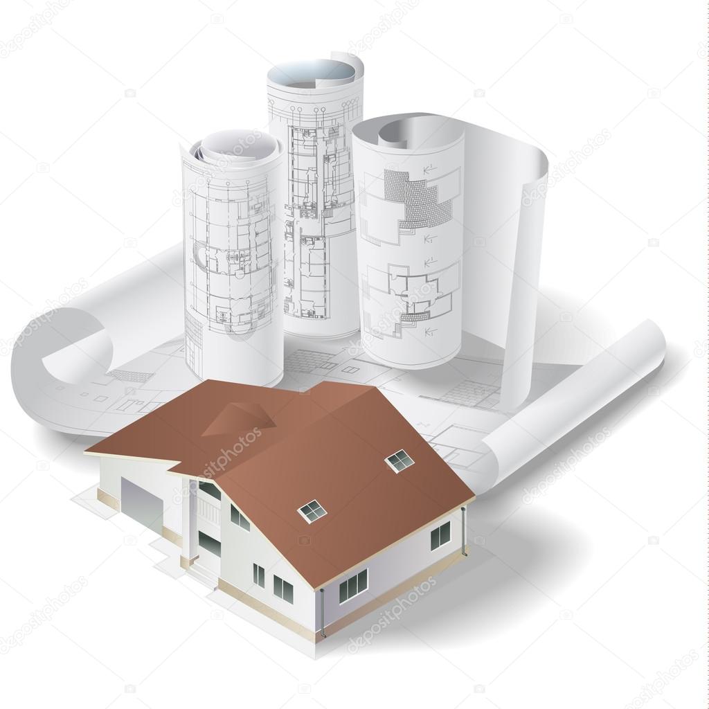 Architectural background with a 3D building model. Part of ...