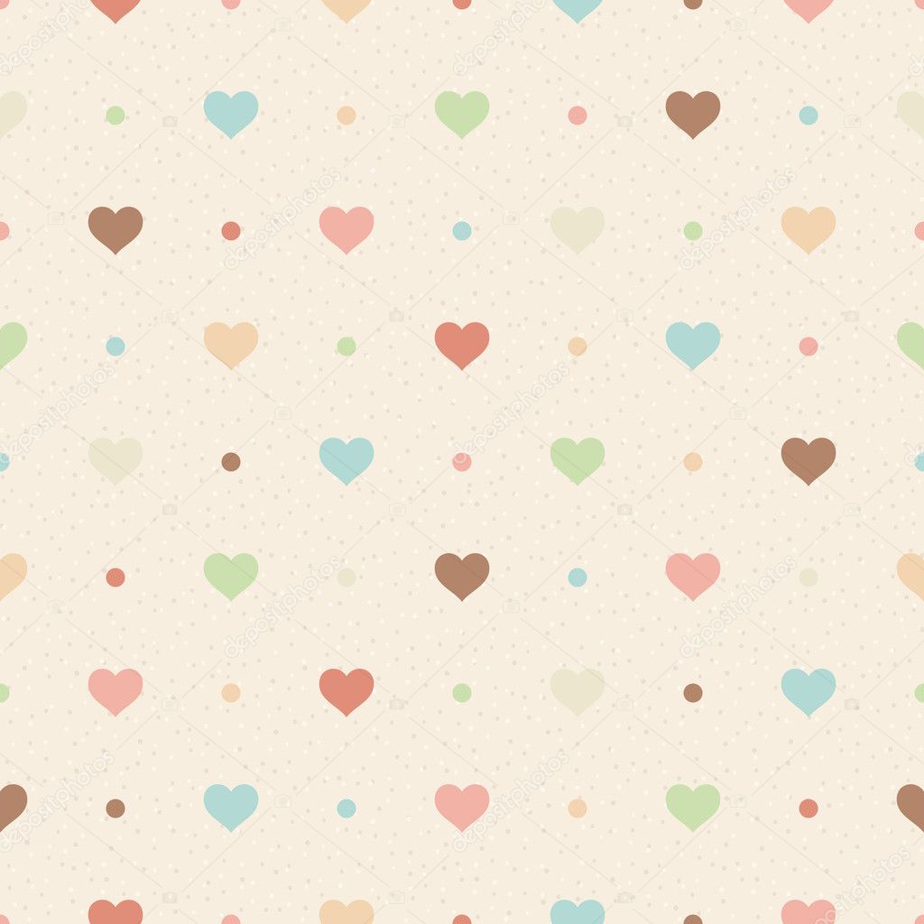 Retro seamless pattern. Color hearts and dots on beige textured ...