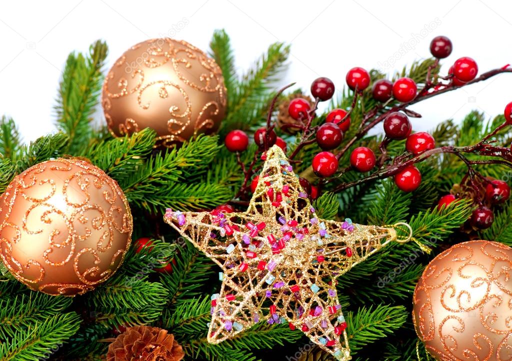 Рождественское украшение. Праздничные украшения на белом фоне: стоковая ...