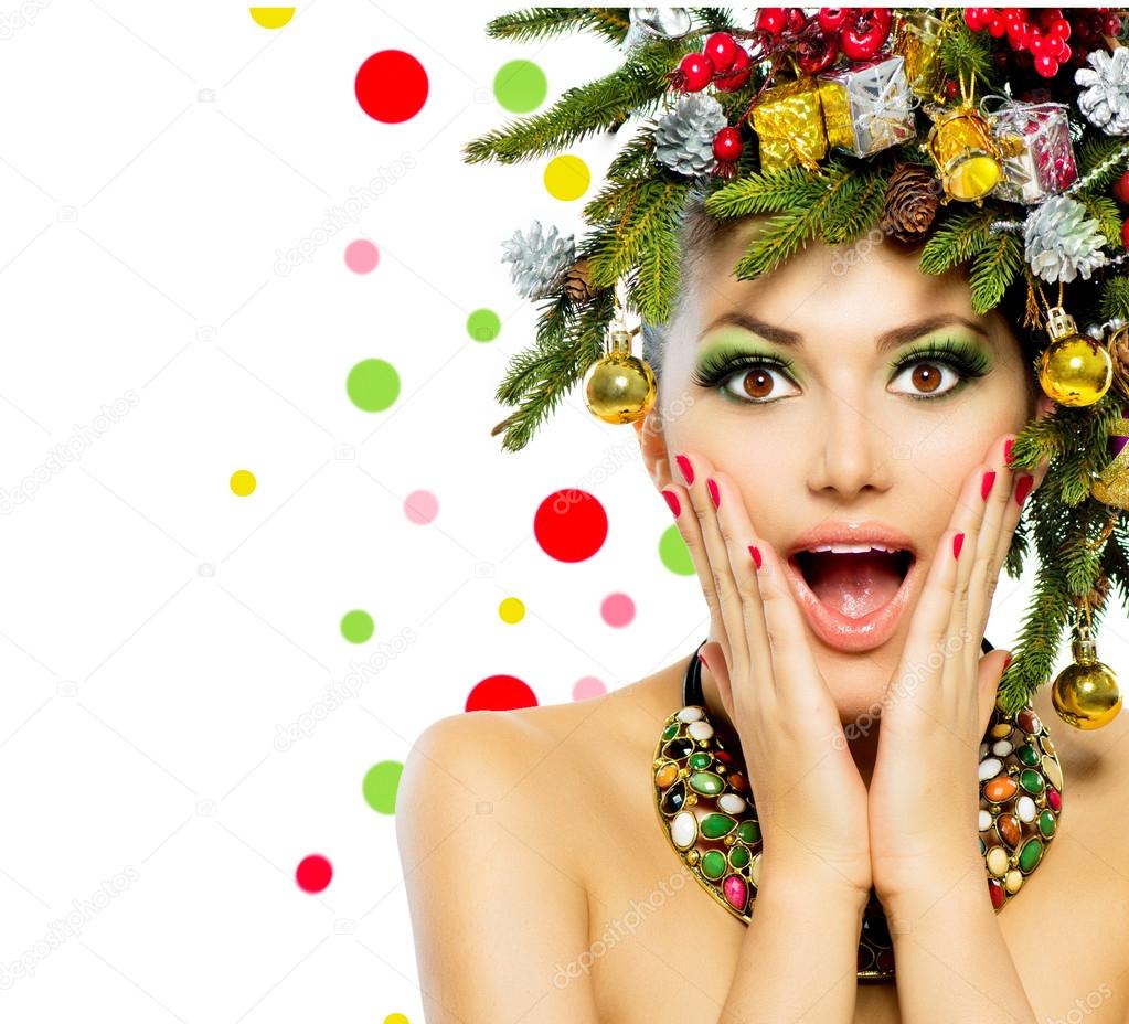 Christmas Woman Christmas Tree Holiday Hairstyle And Make Up Stock