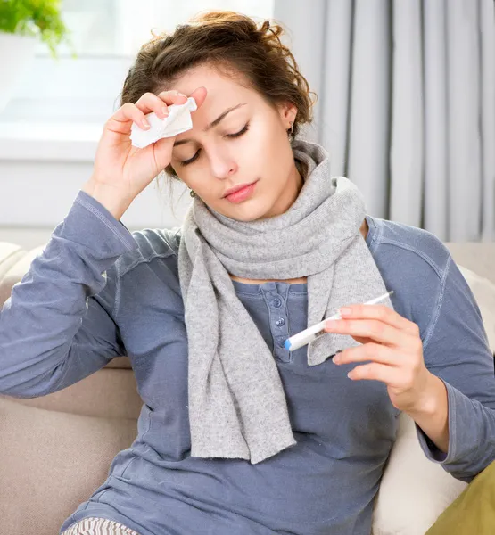 Sick Woman with Thermometer. Flu. Woman Caught Cold - Stock Image ...