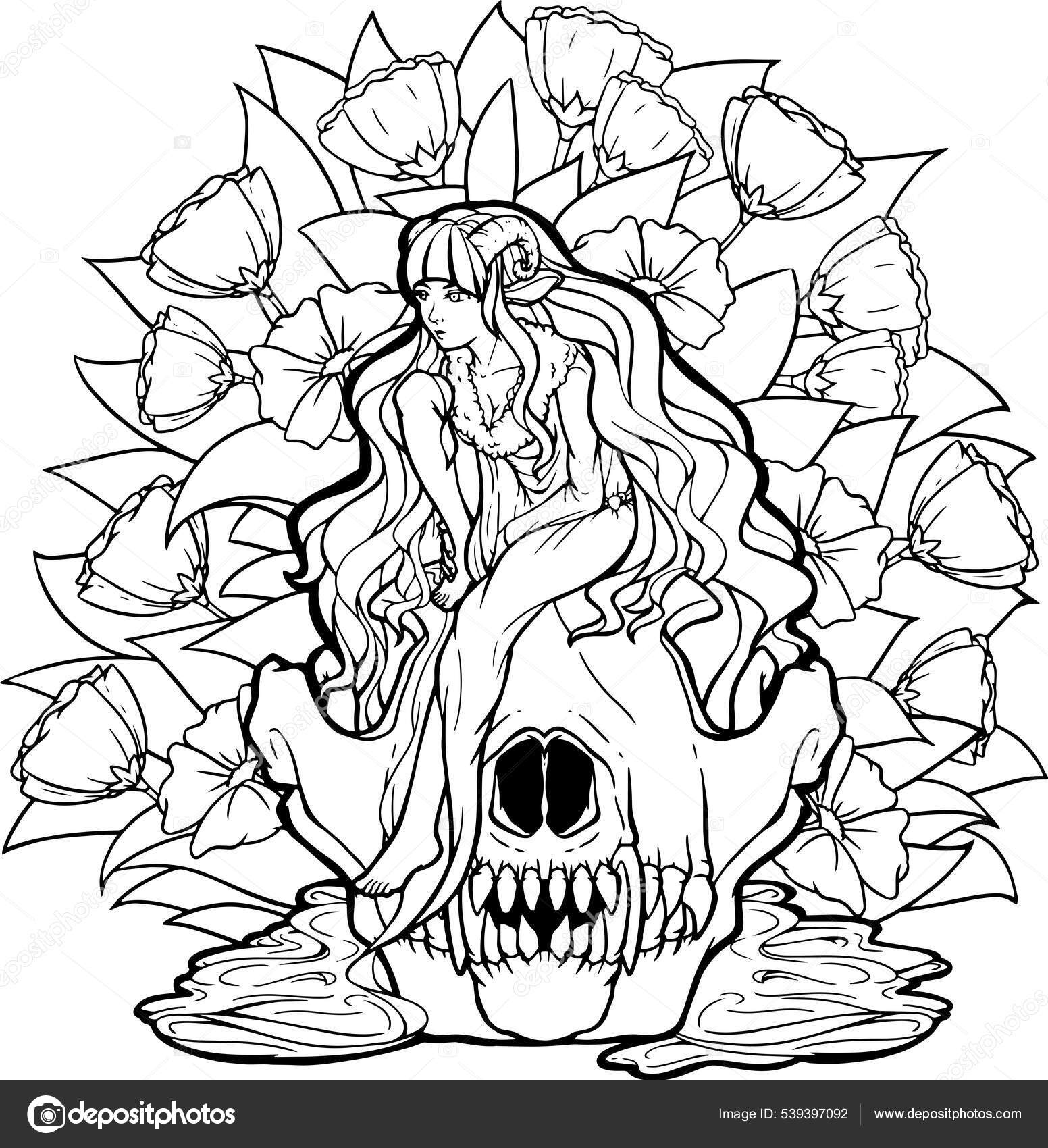 Digital Line Art Illustration Humanoid Lamb Sheep Shape Woman Long ...