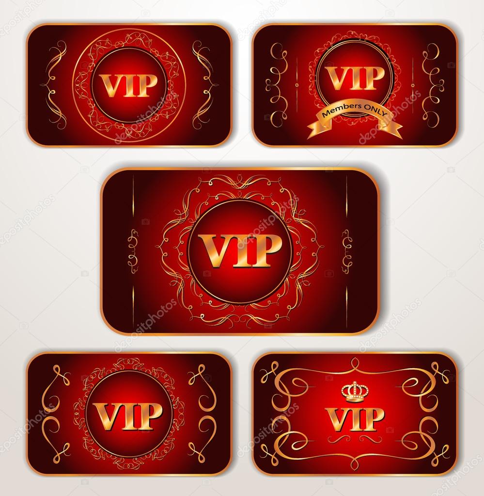 VIP gold cards with calligraphic design elements on the red background ...