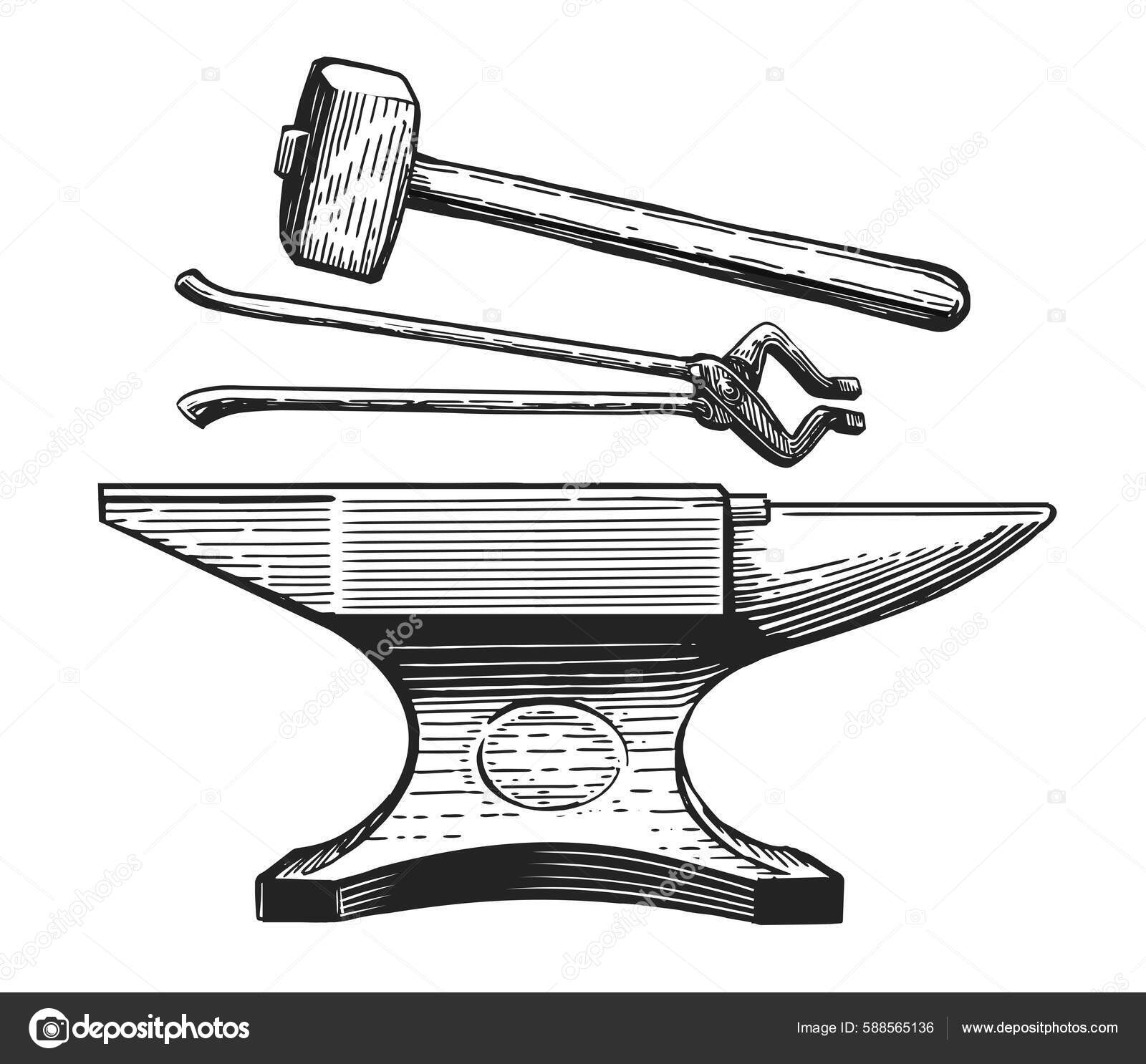 Hand Drawing Tools Anvil Hammer Pliers Blacksmith Craft Sketch ...