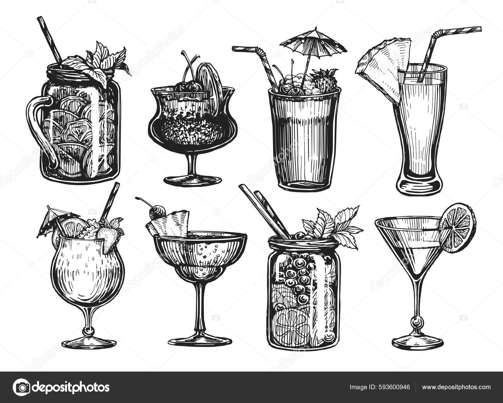 Hand Drawn Cocktails Set Isolated White Juice Alcoholic Drinks Glasses ...
